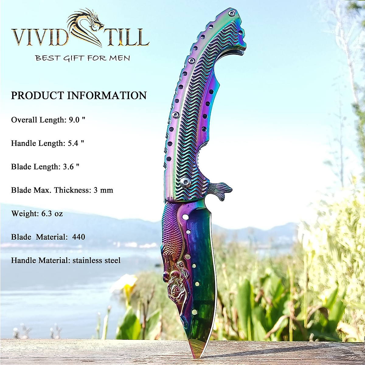 Vividstill 2PCS Set Pocket Folding Knife, 3D Blue Dragon & Mermaid, Great Gift Edc Knife For Men Outdoor Survival Camping Hiking