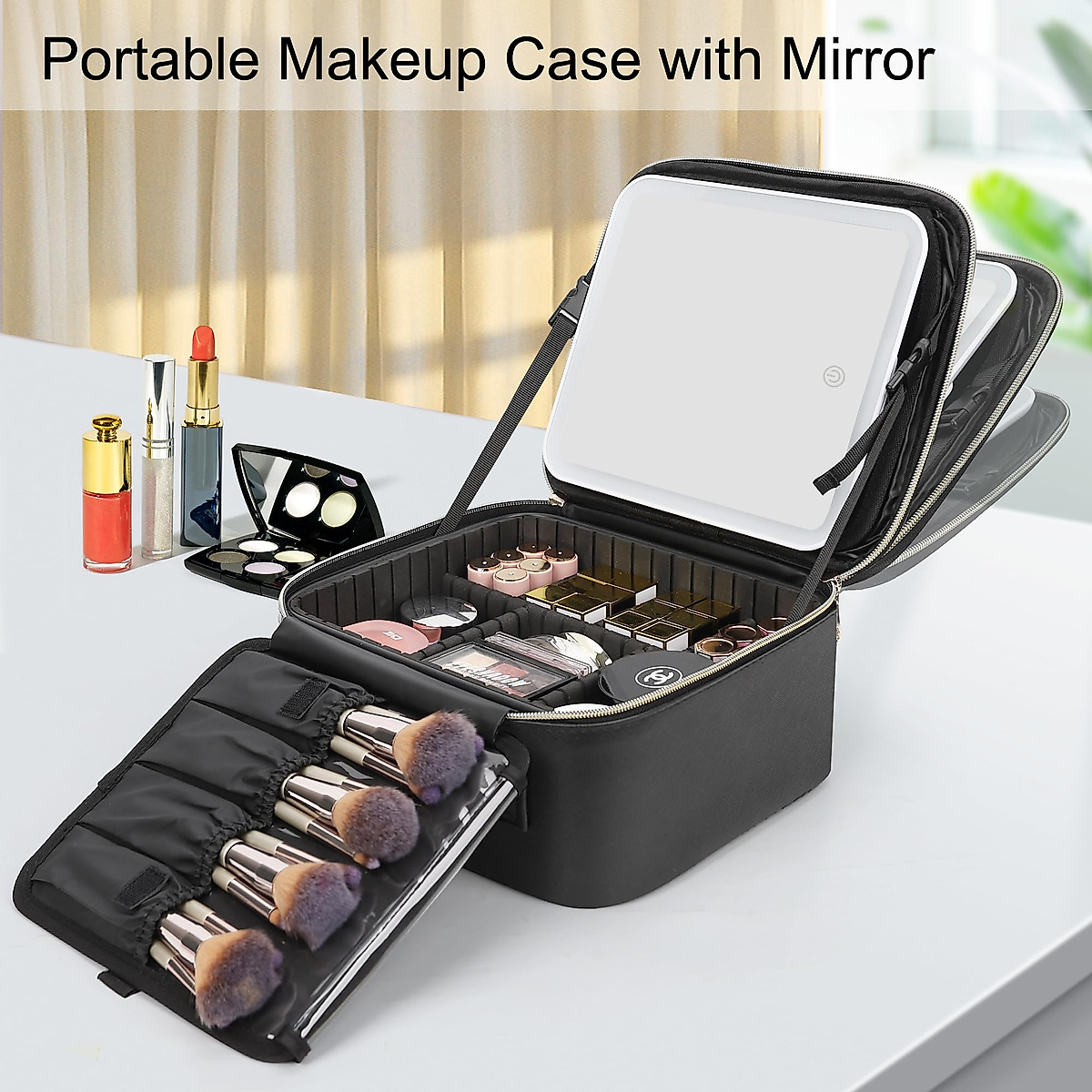 Large Makeup Case Makeup Bag Organizer Large Professional Makeup Bag Waterproof Travel Cosmetic Case with Removable Dividers, Shoulder Strap and Fixing Strap Black (Large, Marble Black)
