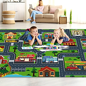 LTKOUGFAM Kids Carpet Playmat, Rug for Playroom, Mat, Kids Play Rugs Town City Road Map Rug, Extra Large Boys, Track Play Rug Bedroom, Living Room, 78.7X 59 Inch