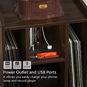 Unikito Record Player Stand, Vinyl Turntable Stand with Power Outlet and USB Charging Port, Sturdy Record Display Table with Storage, Mid Century End Table, Turntable Nightstand, Walnut