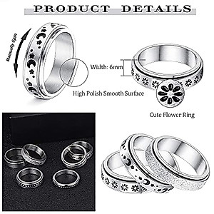 FIBO STEEL 6Pcs Stainless Steel Spinner Ring for Women Fidget Band Rings Moon Star Sand Blast Finish Ring Set for Stress Relieving Wedding Promise Size 5-13 (7)