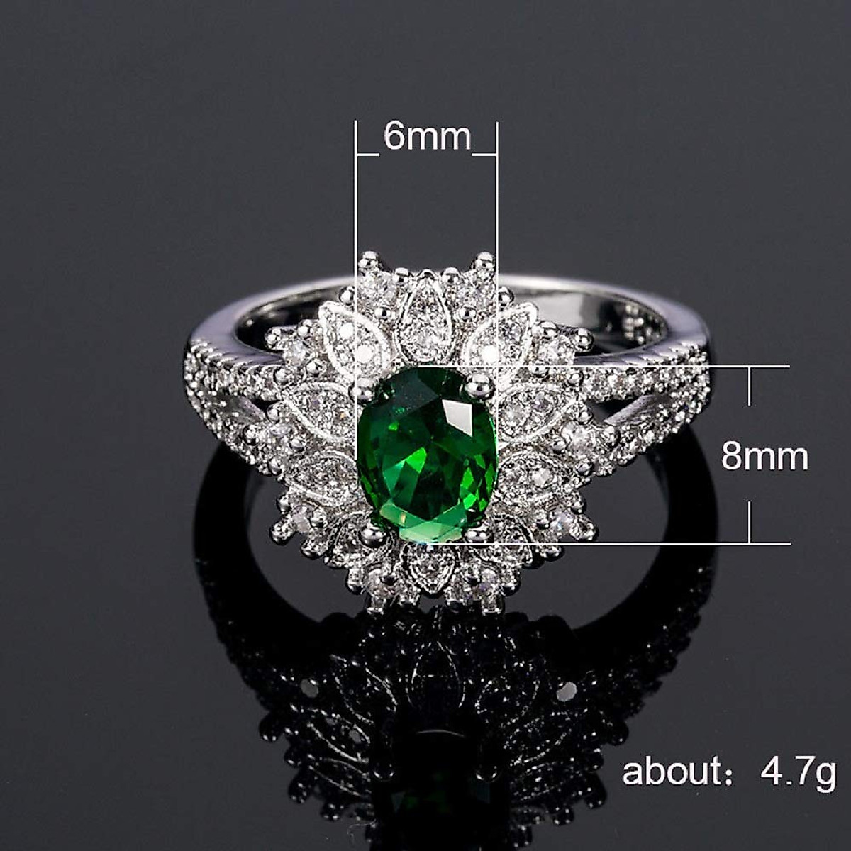GUIDECUN Silver Plated Oval Cut Created Emerald May Birthstone Ring with Shining White Cubic Zirconia Simulated Diamond Halo (US size 10)