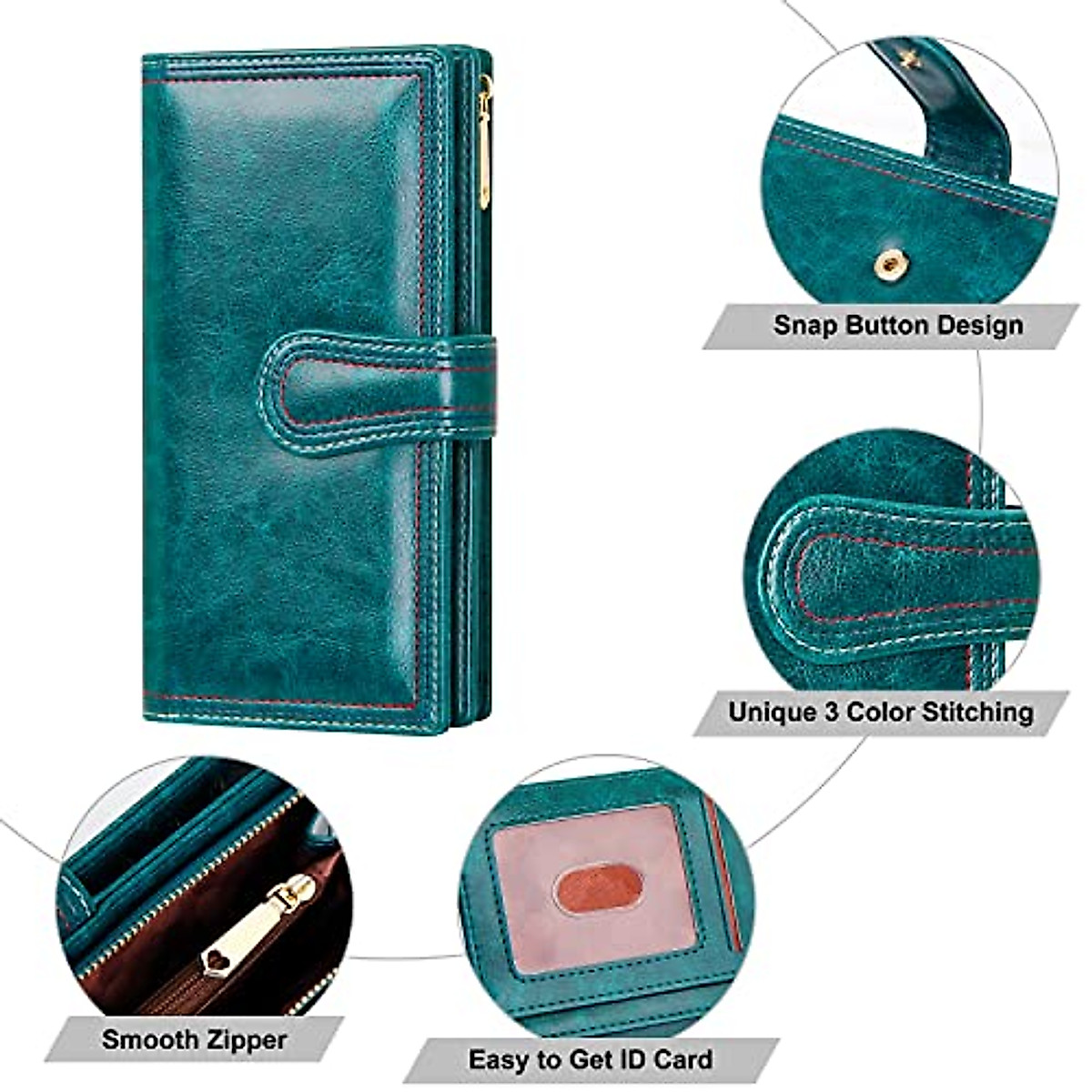 CILLA Womens Leather Wallet Large Capacity Bifold Ladies Zipper Clutch Credit Card Holder With Coin Pouch Oil Wax Design (Turquoise Green)