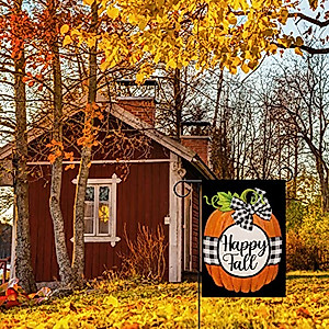 Covido Home Decorative Pumpkin Garden Flag, Happy Fall House Yard Outdoor Welcome Decor Buffalo Plaid Check Sign, Farmhouse Autumn Outside Decoration Seasonal Burlap Small Flag Double Sided 12 x 18
