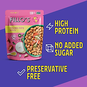 Fillo's Tex Mex Pinto Beans - Ready to Eat Beans, Gluten-Free, Preservative-Free, Microwavable, Non-GMO, Vegan Friendly, Plant Protein, 10 oz Pk of 6