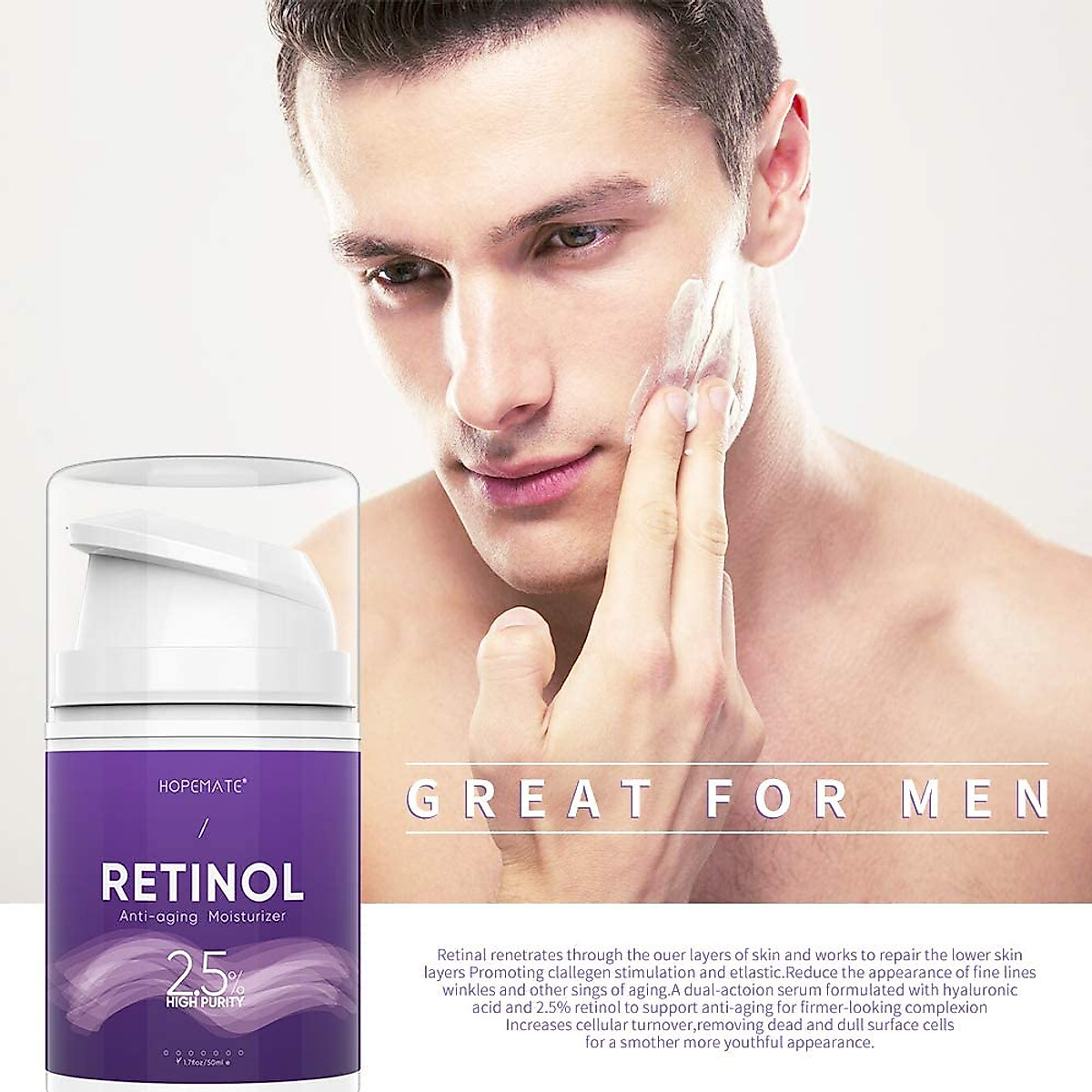 HOPEMATE Retinol Cream, Anti-Aging Moisturizer Cream 2.5% for Face and Eye Care, Anti-Wrinkle Essence with Hyaluronic Acid, Vitamin E and Green Tea, Day and Night Cream, 1.7 Fl.Oz, 50ml