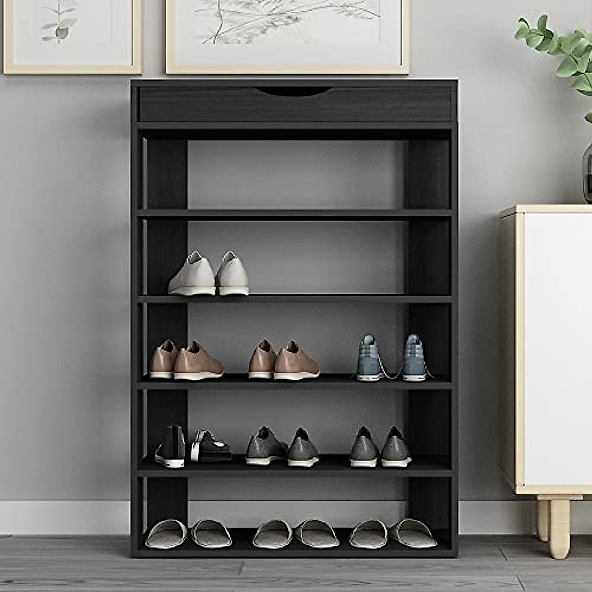 DlandHome Shoe Rack Shoe Storage Cabinet, 5 Tier Shoe Racks, Wooden Shoes Heels Sneakers Storage Cabinet Organizer for Entryway, Hallway, Closet or Living Room, Black