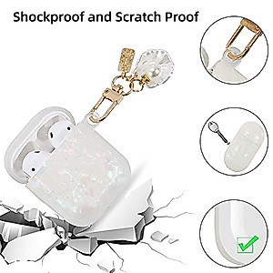 Manleno Compatible with Airpods Case Cover with Keychain Cute Shell Pearl Design Women Girls Soft Protective Case Glitter Bling Airpod Cases Replacement for Apple Airpods 2 1 (Iridescent)