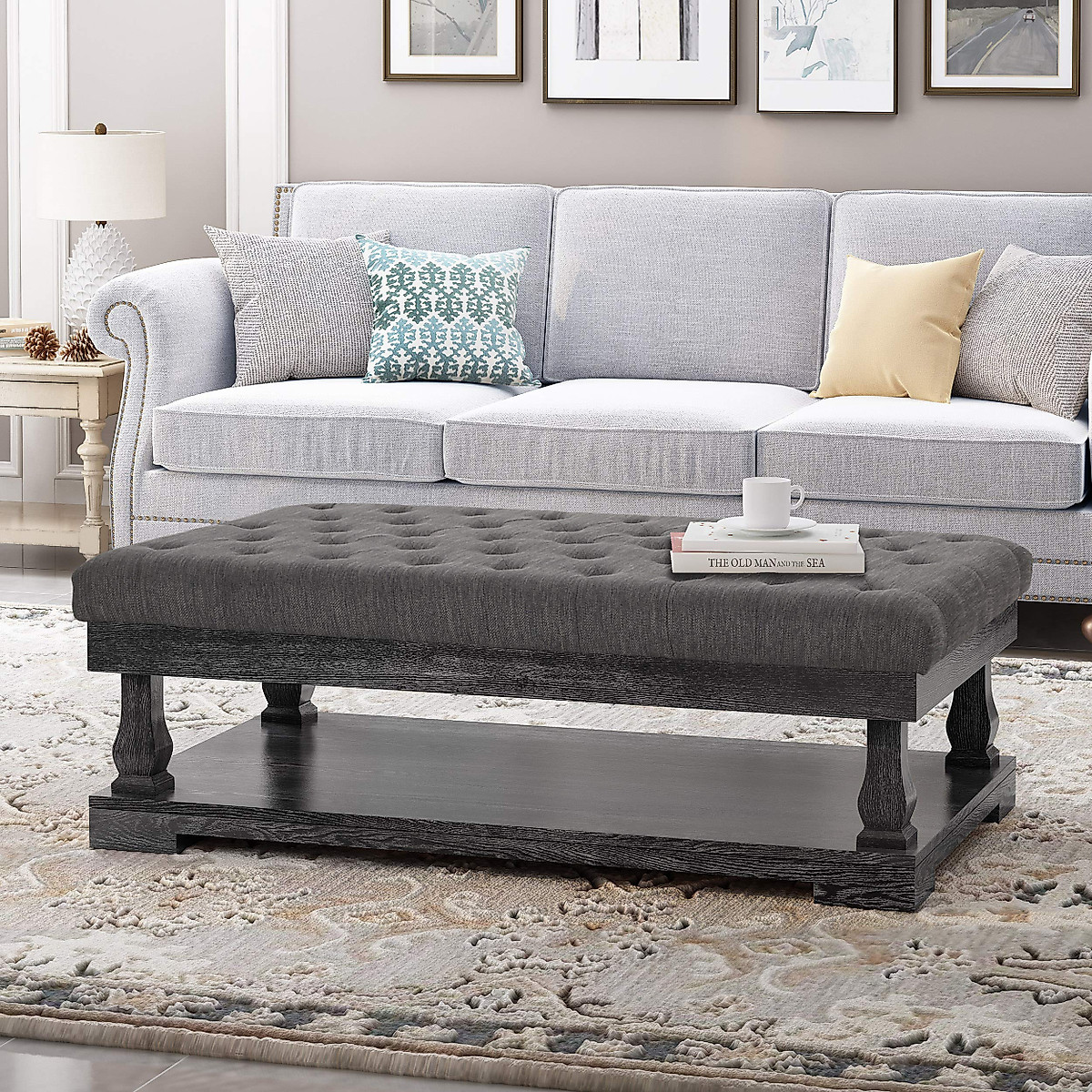Christopher Knight Home Gavin Contemporary Fabric Rectangular Ottoman, Charcoal and Gray