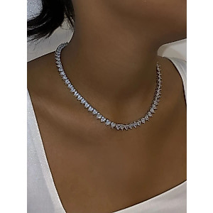 ATJMLADYJEWELRY Iced Out Bling 2022 Valentine's Day Gift Women Jewelry 5mm Heart Shaped Cubic Zirconia CZ Tennis Choker Necklace (Silver White), (R362)