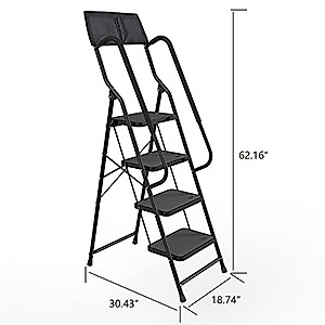 SUZHI Heavy Duty 4 Step Foldable Ladder with Handrails, Attachable Tool Bag & Anti-Slip Wide Pedal Ladders for Indoor Hanging Paintings, Cleaning High ledge&Ceiling,Fan, 300 Pound Capacity
