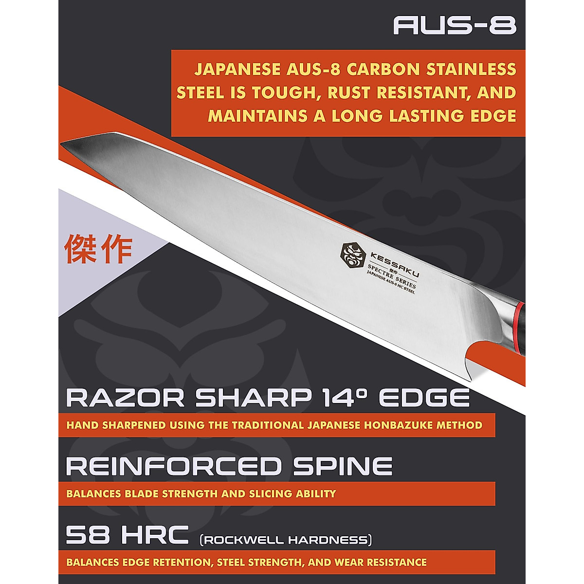 KESSAKU 9.5-Inch Chef Knife - Spectre Series - Forged Japanese AUS-8 High Carbon Stainless Steel - Pakkawood Handle with Blade Guard