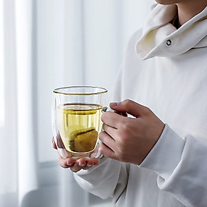 G Double Wall Coffee Mug Set of 4 With Handle, 12.4 oz Insulated Glassware Espresso Cups For Iced/Hot Tea Latte Beverages Large Cappuccino Borosilicate Drinking Glasses Tea Cup