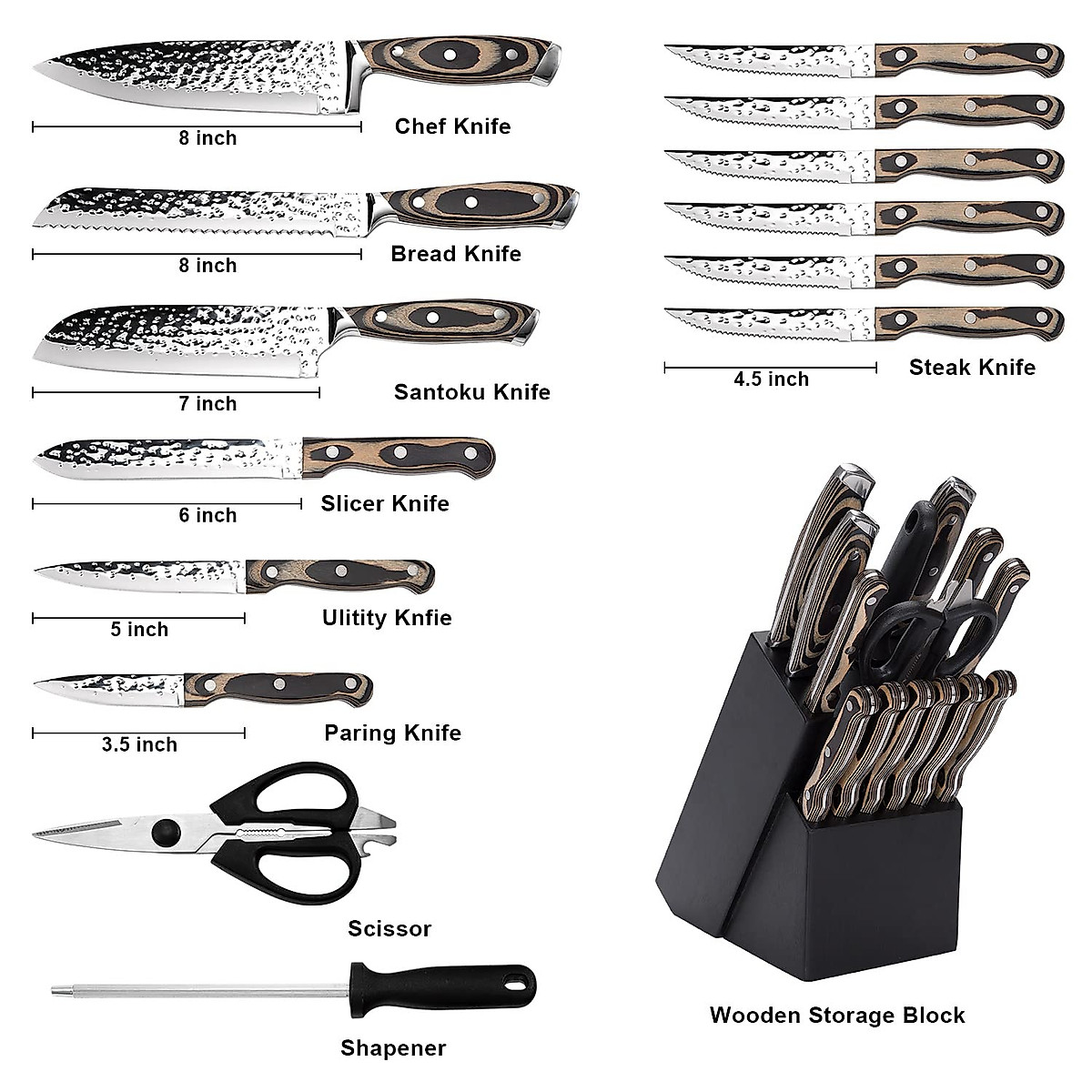 Knife Set,15 Pieces Kitchen Knife Set with Wooden Block,High Carbon Japanese Stainless Steel Knife Block Set,Ultra Sharp, Full-Tang Design ,Irregular Hammer Pattern