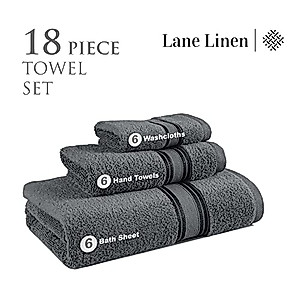 LANE LINEN Bath Towels for Bathroom Set- 100% Cotton Towel Set Soft 6 Hand Wash Cloths Quick Dry Highly Absorbent Shower - 18 Piece Space Grey