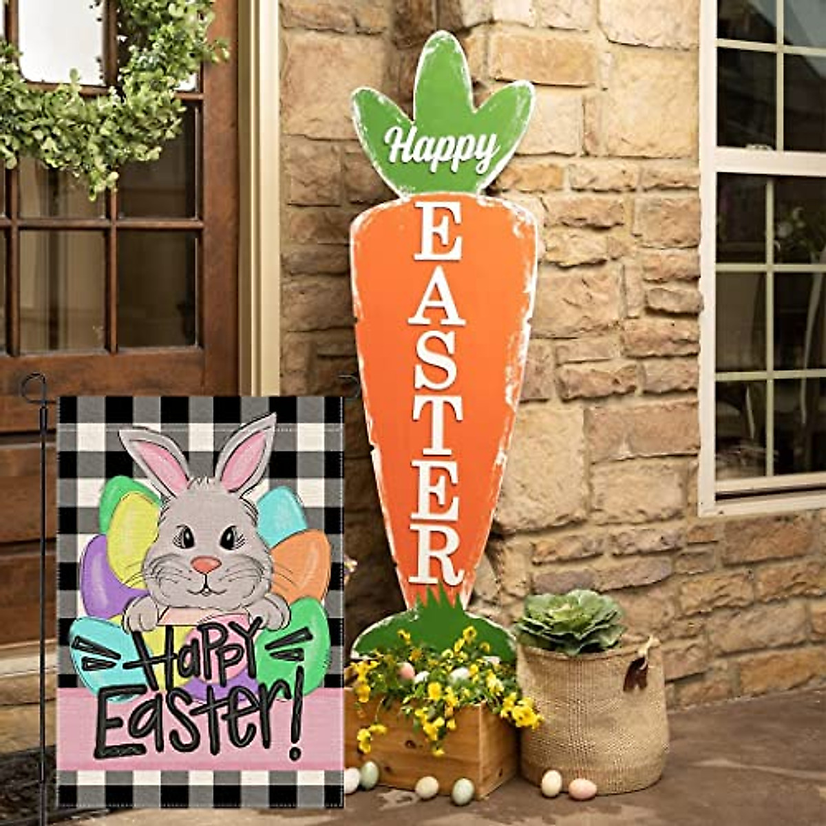 PANDICORN Happy Easter Garden Flag 12x18 Inch Double Sided, Black Buffalo Plaid Check Spring Easter Bunny Eggs Decorations, Small Vertical Welcome Holiday Decor for Outdoor Yard Garden
