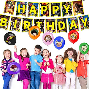 My Hero Academia Party Supplies, Birthday Decorations Set Including Balloons, Banner, Cake Toppers, Cupcake Toppers for MHA Fans Kids, MHA Theme Birthday Party Supplies