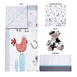 Sammy & Lou Farmstead Friends 4-Piece Baby Crib Bedding Set, Includes Quilt, Fitted Crib Sheets Neutral, Crib Skirt, and Plush Toy