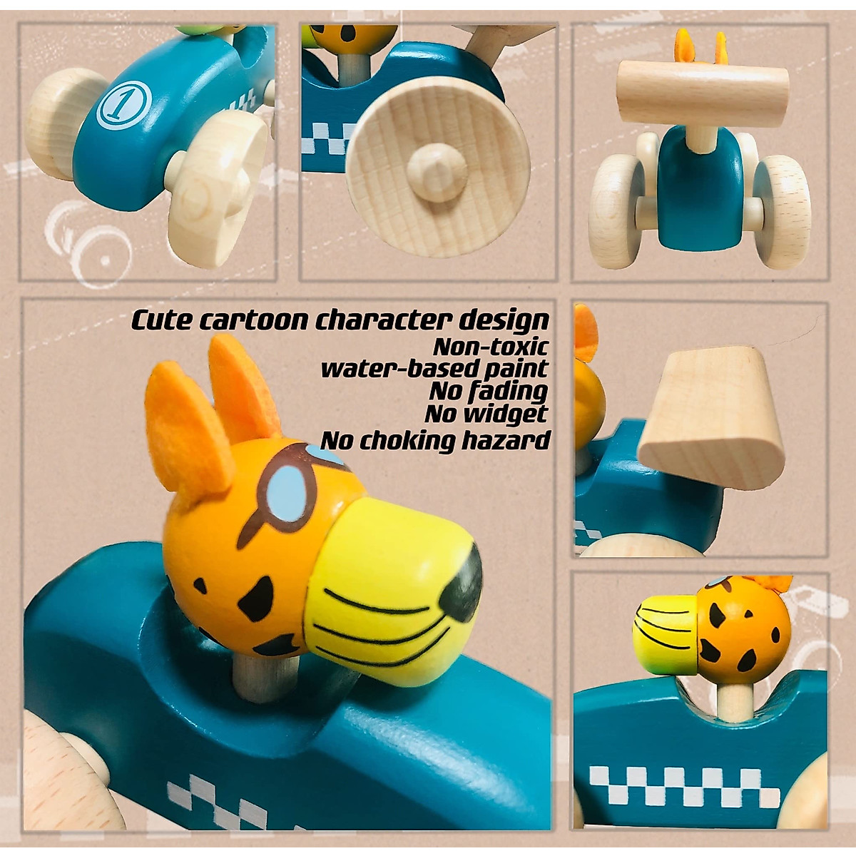 Lecelzie Toddler Activities Wooden Toys Car Baby Infant Montessori Fine Motor Skills Toys for 1 2 3 4 Year Old Boys Girls Gift Party Favors for Kids Push and Pull Toys