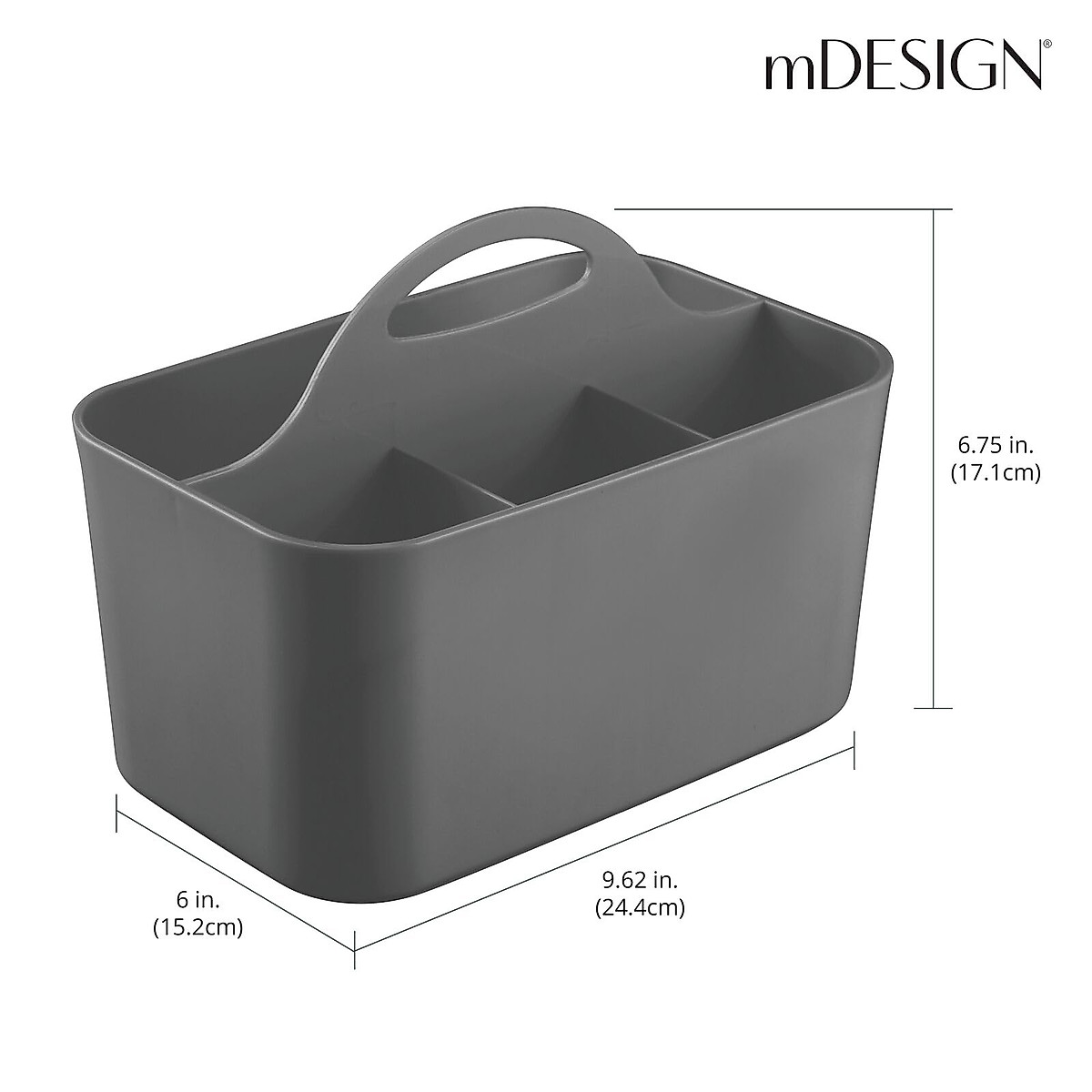 mDesign Small Plastic Shower/Bath Storage Organizer Caddy Tote with Handle for Dorm, Shelf, Cabinet - Hold Soap, Shampoo, Conditioner, Combs, Brushes, Lumiere Collection, Dark Gray
