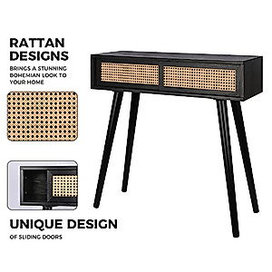 Console Table, Small Entryway Table, Console Tables for Entryway, Rattan Dresser Side Table Black Entry Table Narrow Console Table Modern Hallway Table Boho Sofa Table for Living Room, Vanity Desk