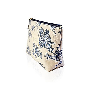 Mini Momo Makeup Bag Travel Organizer Toiletry Pouch for Women Small Cosmetic Case for Purse, Cute Fabric Storage Clutch (Small Makup Bag - Floral Blue)