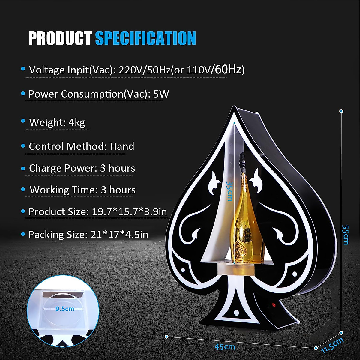 ZYLZHMCH LED Bottle Display Shelf, Ace of Spade Champagne Bottle Presenter Gradient Color and 7 Color Light Modes Flashing Shimmering Bottle Sparklers