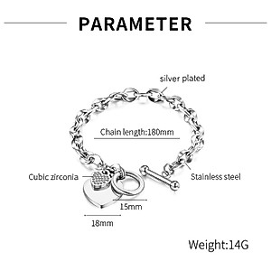 Muyola Women's Stainless Steel Heart Bracelet - Toggle Bracelets For Women - Fashion Zircon Bracelet For Girls - Toggle Clasp - Lover Gift (Silver)