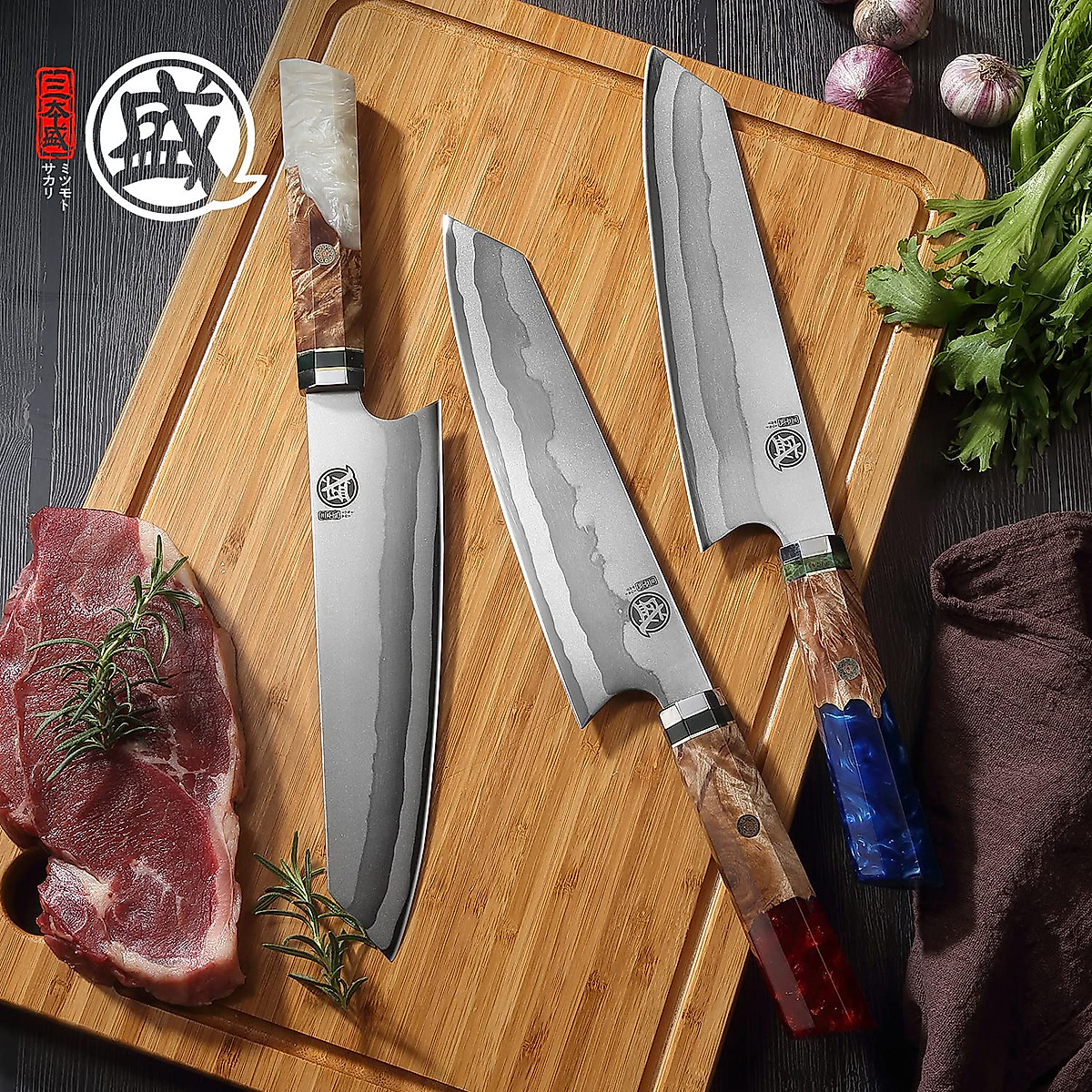 MITSUMOTO SAKARI 8 inch Japanese Kiritsuke Chef Knife, Hand Forged 67 Layers 440C Damascus Steel Kitchen Knives, Professional Meat Sushi Chef's Knife (Blue Pomegranate Handle & Gift Box)