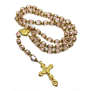 Nazareth Store Catholic Pink Crystal Beads Gold Rosary Flowers Beaded Necklace Holy Mary Heart Locket Medal & Cross Religious Amulet for Women
