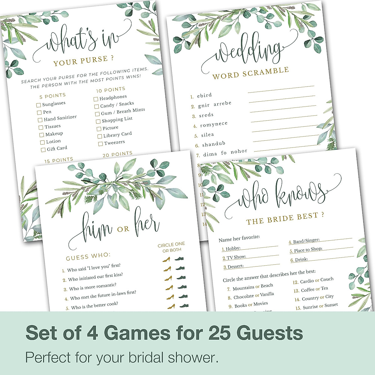 Papery Pop Bridal Shower Games - Wedding Shower Games - 4 Games for 25 Guests - Double Sided Cards - Eucalyptus