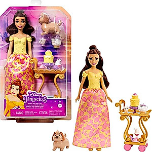 Mattel Disney Princess Belle Tea Time Fashion Doll & Playset with Tea Cart, 3 Character Friends and Food Accessories