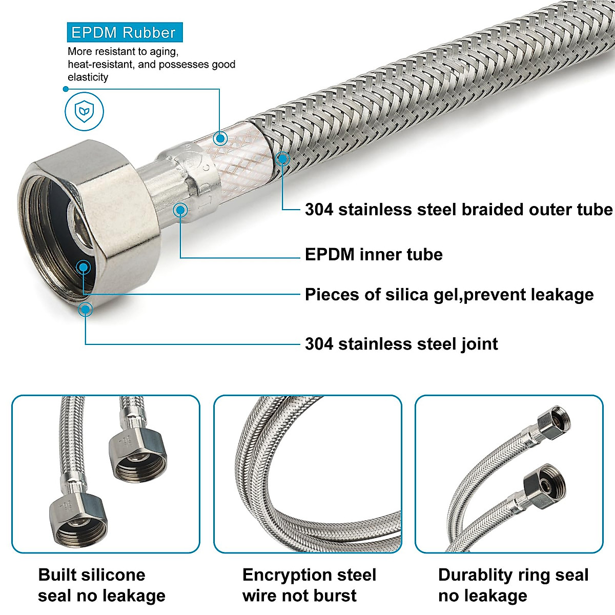 Midanya Faucet Supply Lines,32" Stainless Steel Braided Water Supply Line, 1/2" FIP x 3/8" COMP Faucet Hose, Faucet Hose Connector x 2 Pcs (1 Pair)