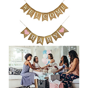 Shimmer Anna Shine Welcome Baby Burlap Banner for Baby Shower Decorations and Gender Reveal Party (Light Pink Hearts)