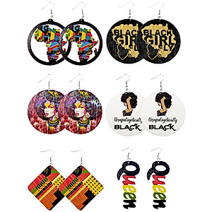 African Earrings for Women Wooden Round Map Painted Drop Earrings for Black Women (Style-A, Wood)