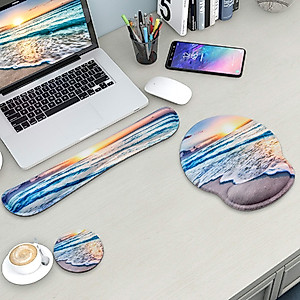 Mouse Pad and Keyboard Wrist Rest Support, with Non-Slip PU Base,Gel Mouse Pad with Coaster,Pain Relief for Gaming, Computer,Office -Beach