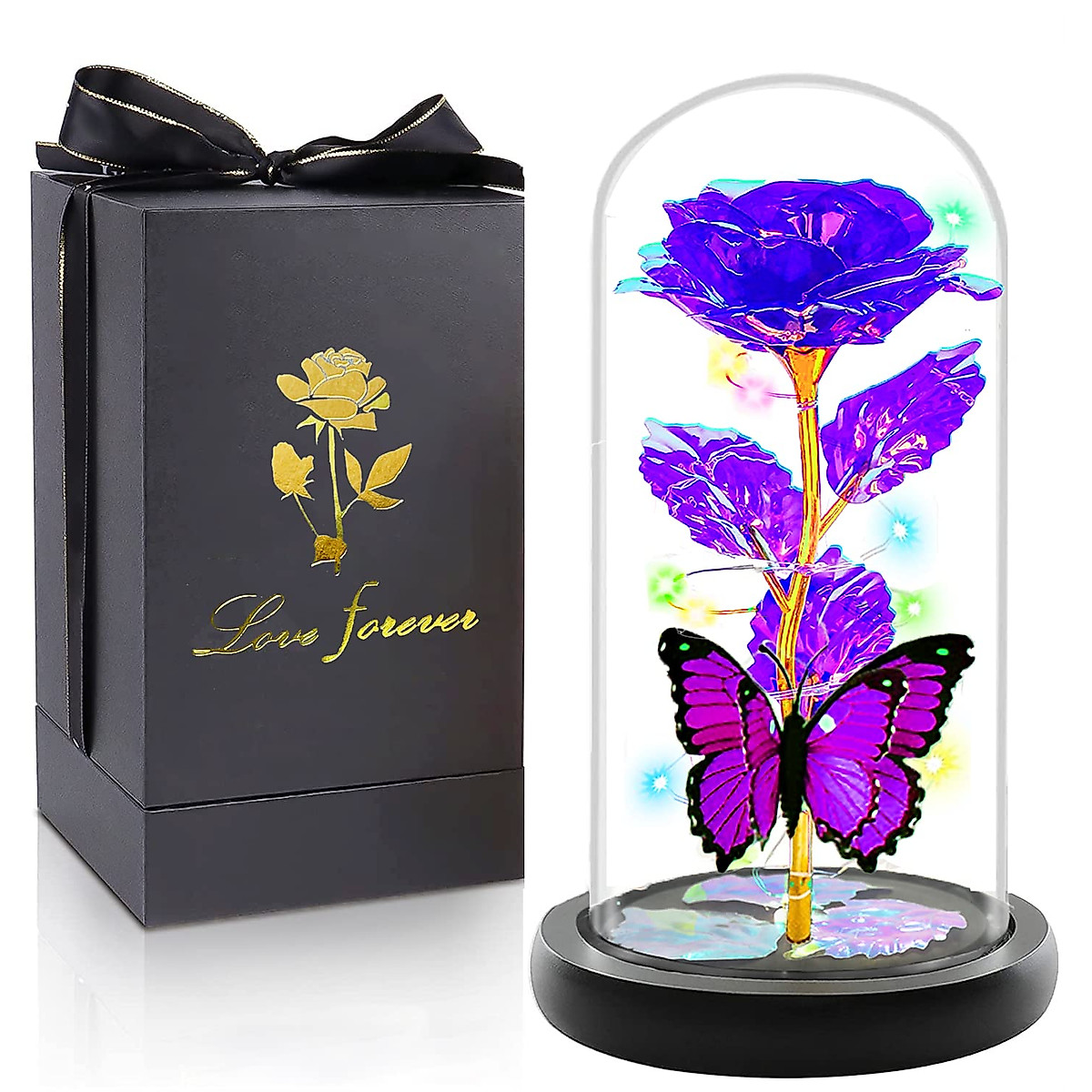 Mothers Day Flowers Gifts Mom, Rose Flower Mom Gifts Wife Grandma Her, Galaxy Crystal Light Up Rose Flowers in A Glass Dome Purple, Mother Day Presents from Daughter Butterfly Birthday Gifts for Women