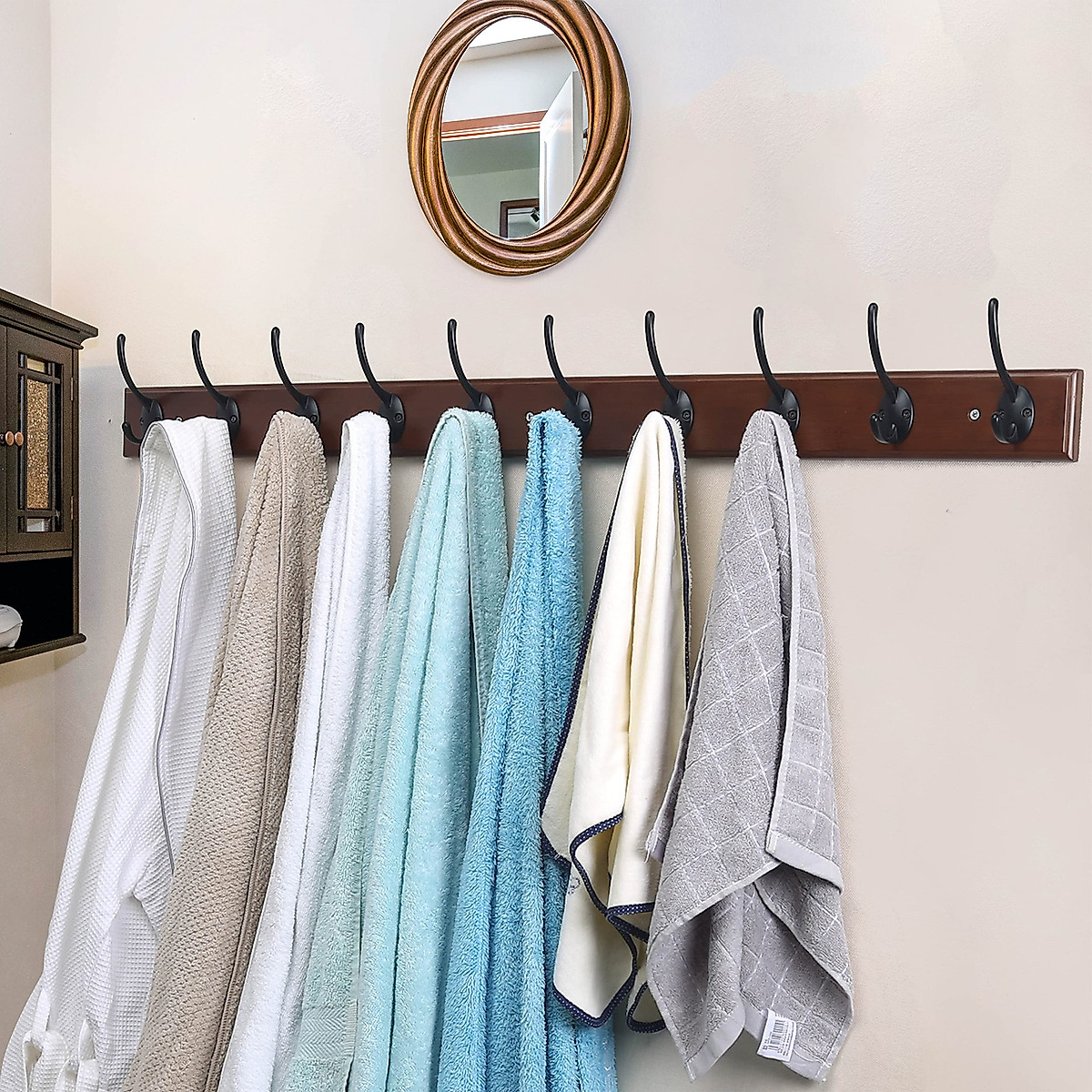 Dseap Coat Rack Wall Mounted: 10-Hooks, 38-1/4" Long, 16" Hole to Hole, Wood Coat?Hooks Wall Mounted, Hook Rack, Hook Rail, Hooks for Hanging Coats, White & Black