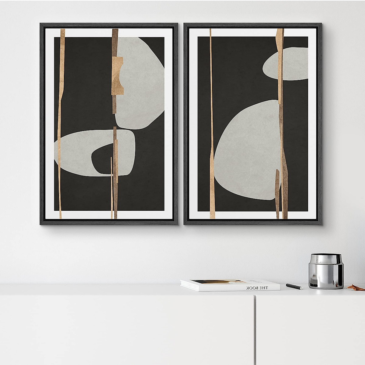 SIGNWIN Framed Canvas Print Wall Art Set Mid-Century Geometric Gold Gray Circles Abstract Shapes Illustrations Modern Art Decorative Contemporary for Living Room, Bedroom, Office - 16"x24"x2 Black