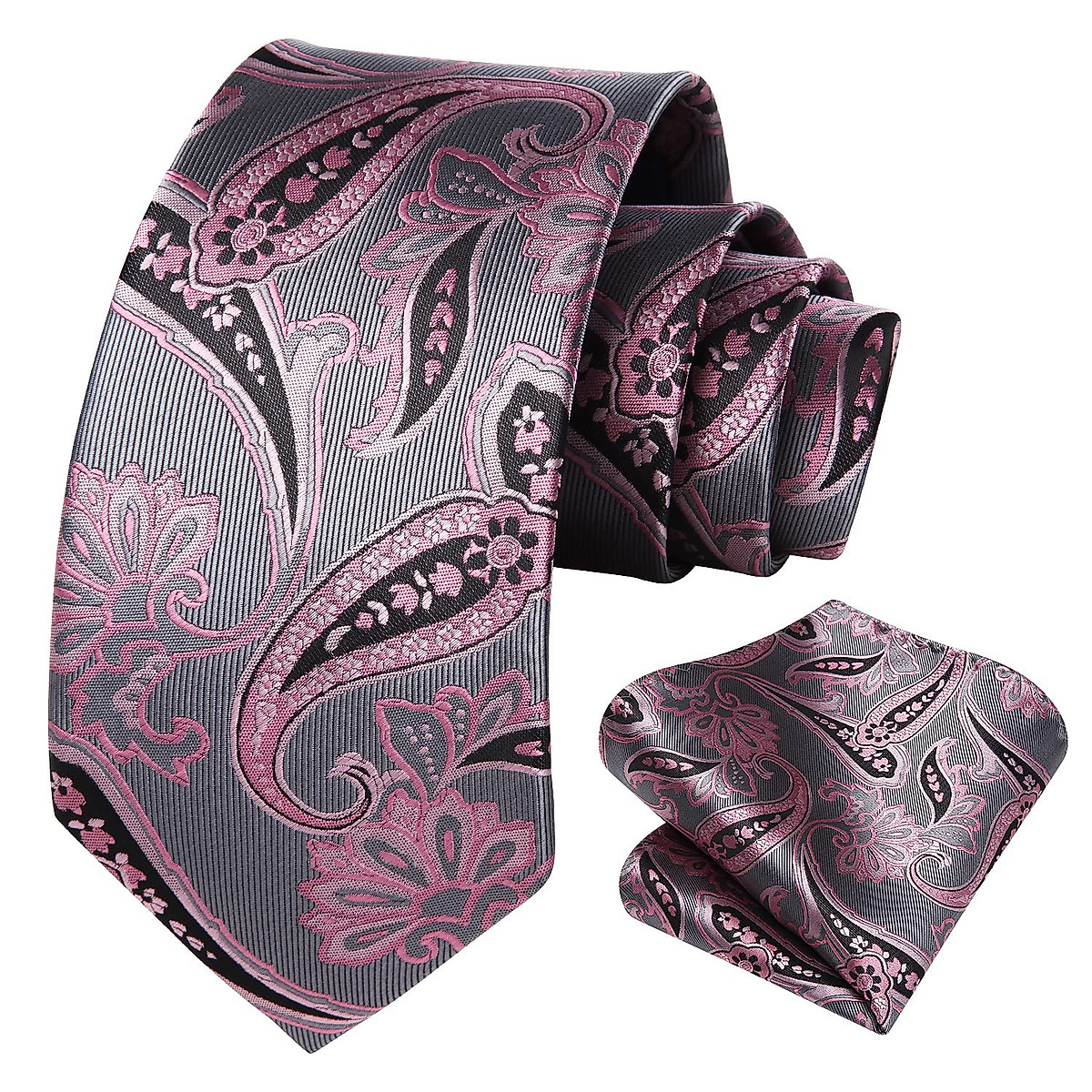 HISDERN Paisley Tie for Men Classic Extra Long Pink Ties and Pocket Square Formal Necktie with Handkerchief for Big and Tall Men Wedding