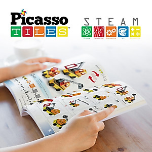PicassoTiles STEAM Idea Book - 230 Pages of Magnet Tiles Building Block Creation Ideas Installation Instruction Toy Difficulty Guide Indicator Learning Book Brain Development for Kids Age 3+