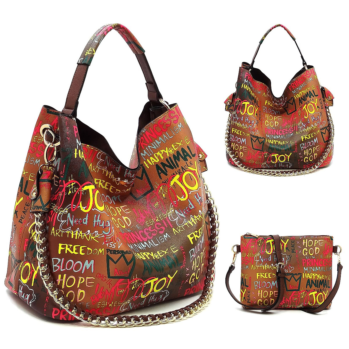 2pcs Set Multicolor Graffiti Printed Bucket Chian Strap Hobo Shoulder Bag & Crossbody Bag 2-in-1 Set Bag (Tan/Yellow)