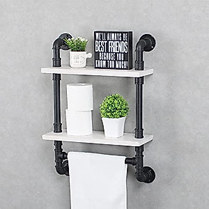 Industrial Pipe Shelving Bathroom Shelves Wall Mounted, 2-Layer 24in Rustic Wood Shelf with Towel Bar,Farmhouse Towel Rack Metal Floating Shelves Towel Holder (TypeA, White)