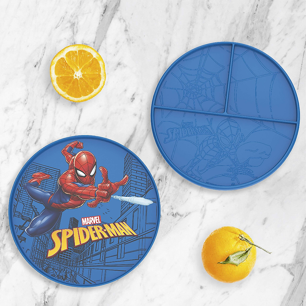 Zak Designs Marvel Spider Man Double-Sided Embossed Texture and 3 Sections Durable Material is BPA Free and Perfect for Kids (9", Set of 2), 9 inches, SpiderMan Classic PP Flip-It Plate 2pc (SPCE-1390)