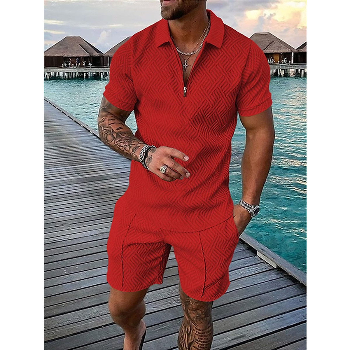 BIRW L Red Mens Short Sets 2 Piece Outfits Fashion Summer Tracksuits Casual Set Polo Shirt Short Sleeve and Shorts Set