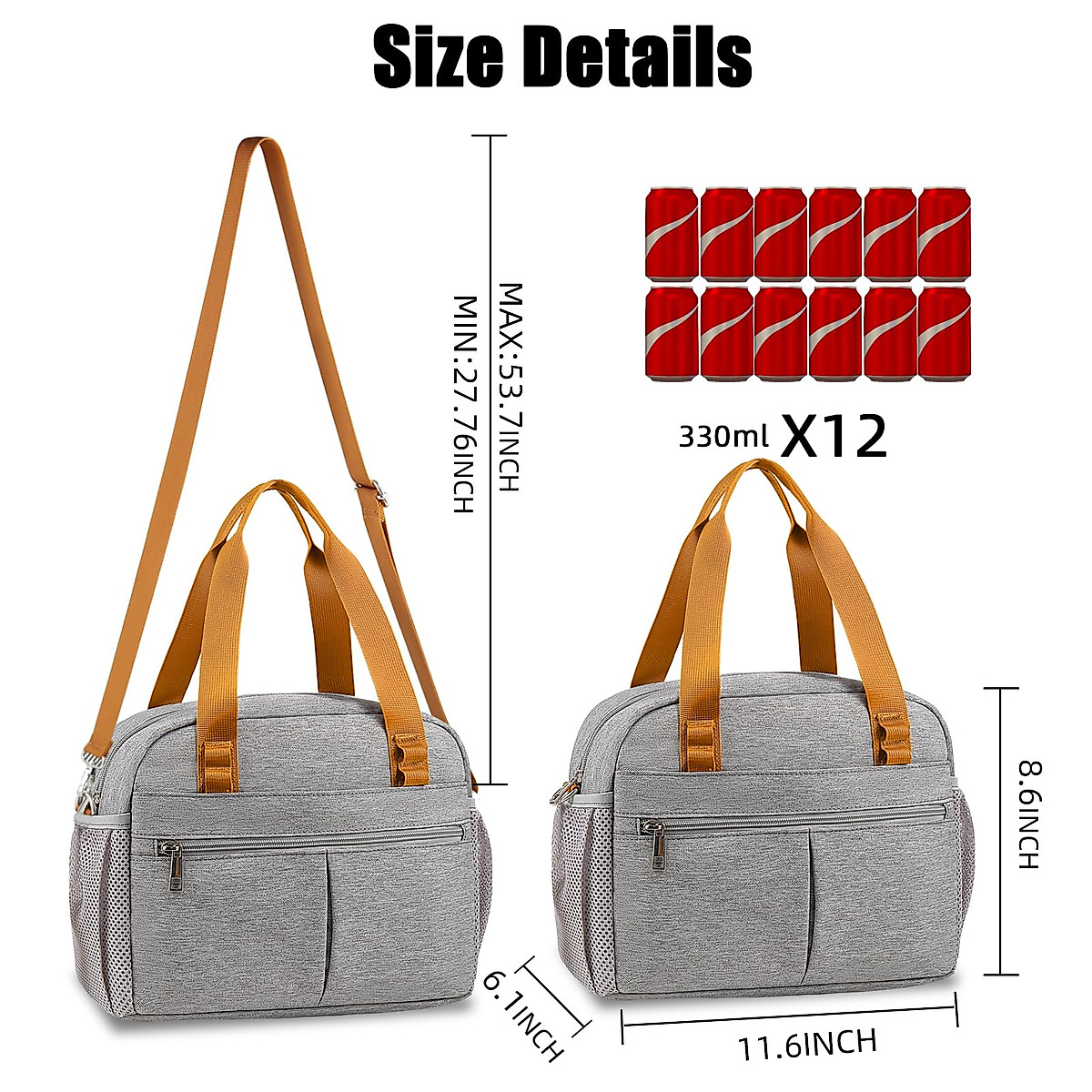HSHPX Lunch Bag Women Insulated Adult Lunch Box Large Reusable Lunch Tote with Webbing Loop Cute Portable Lunch Cooler with Adjustable Shoulder Strap for Work Office Picnic (Gray)