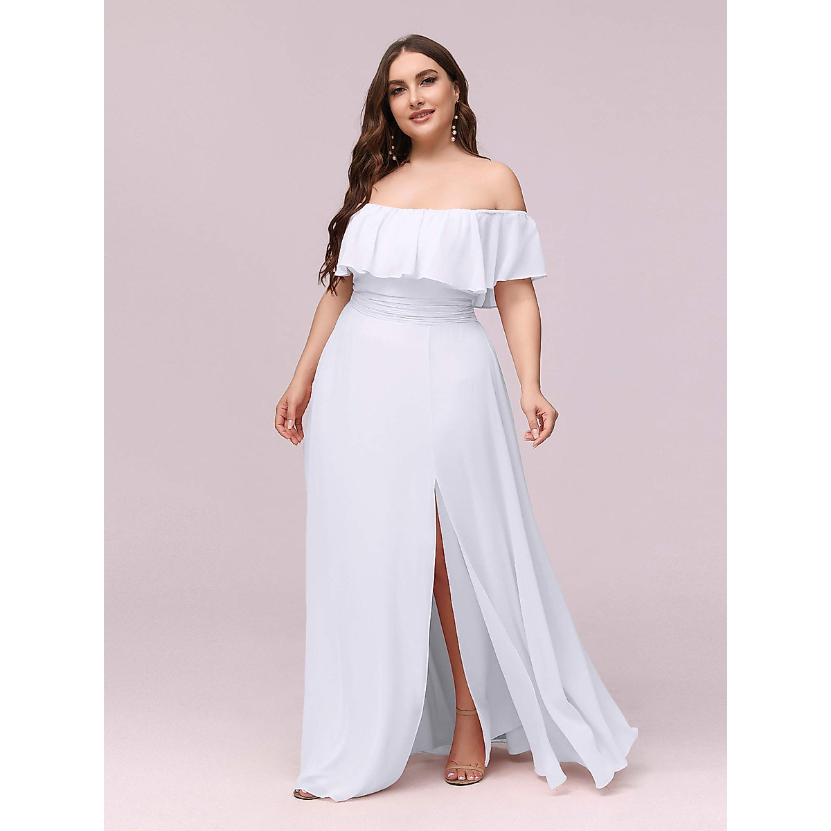 Ever-Pretty Women's Off Shoulder Ruffle Sleeves Side Split Chiffon Plus Size Semi Formal Dresses for Women White US24