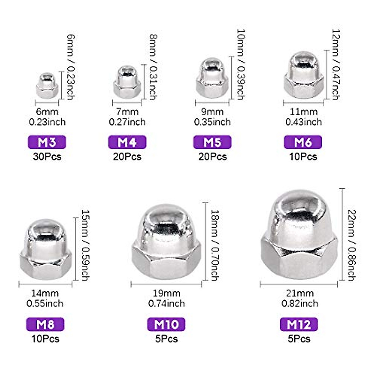 100Pcs 304 Stainless Steel Serrated Metric Acorn Cap Nuts Hex Dome Cap Assortment Kit, 7 Sizes - M3 M4 M5 M6 M8 M10 M12