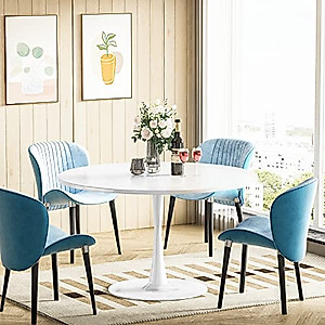 Recaceik Modern Round Dining Table, 42.1'' Tulip Table with MDF Table Top & Metal Pedestal Base for Dining Room Living Room Cafe w/ 0.71” Thickened Tabletop for 4-6 People, White