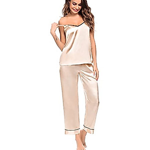 SWOMOG Womens Silk Satin Pajamas Set Two-Piece Pj Sets Cami Top and Capris Pants Sleepwear Champagne